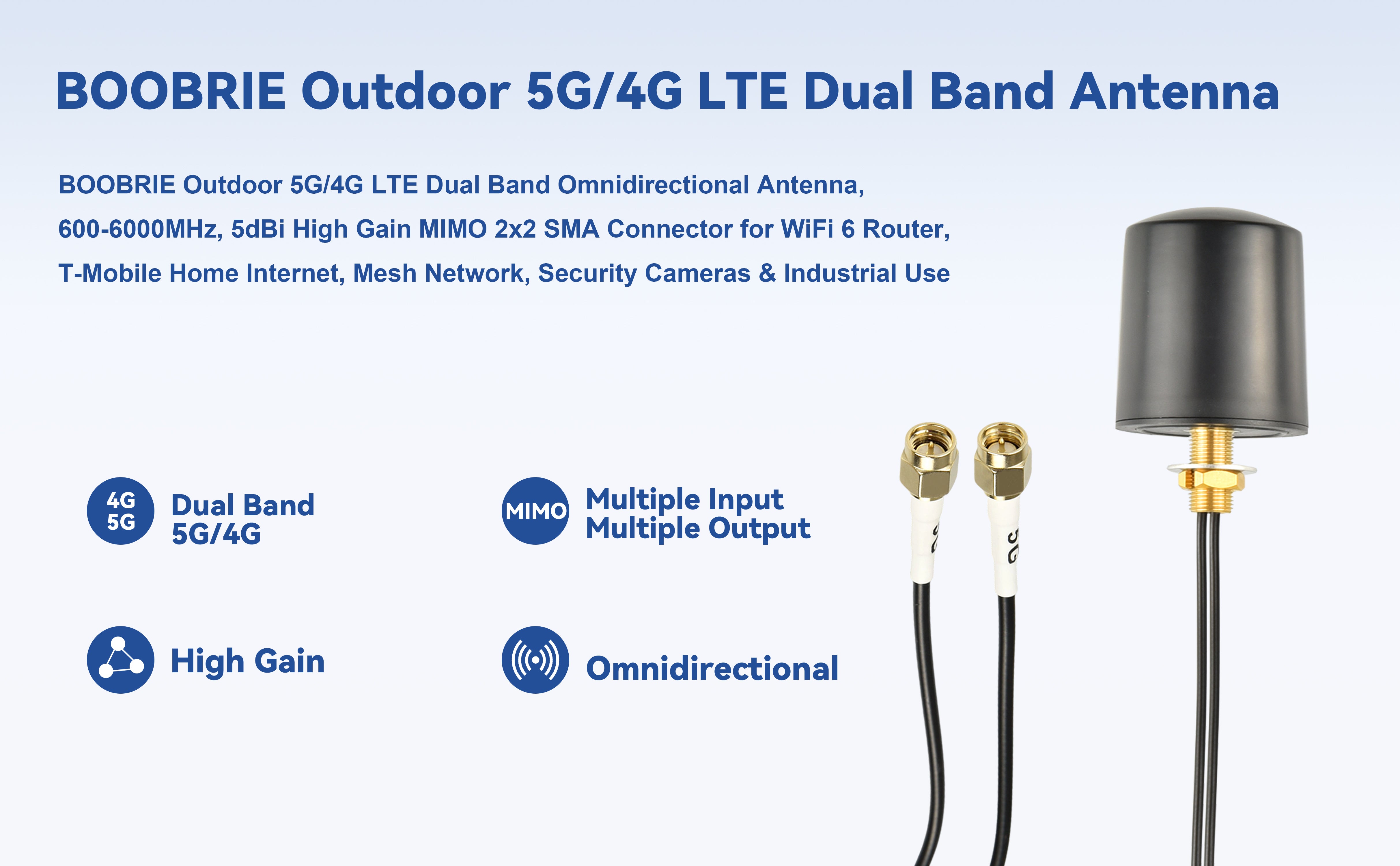 BOOBRIE 2x2 MIMO Omnidirectional Antenna 600-6000MHz 5G 4G LTE 3G Outd