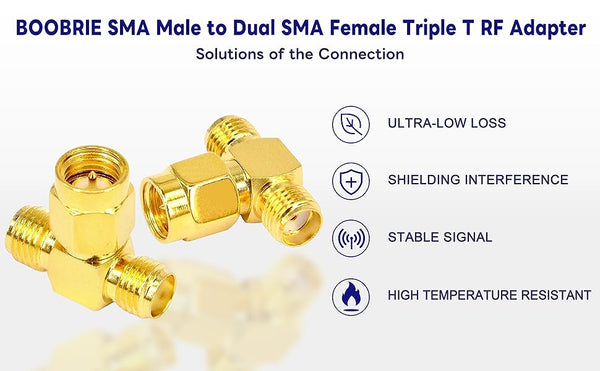 BOOBRIE 2 PCS SMA Male to Dual SMA Female Triple T RF Adapter Connecto